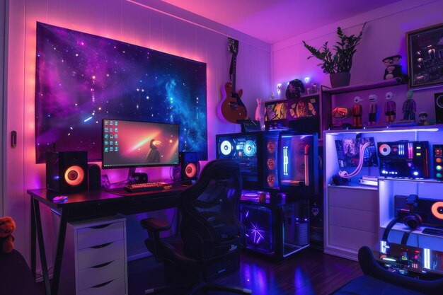 Modern Gaming Setup With Purple and Blue LED Lights and Galaxy Wall ... Modern Gaming Setup With Purple and Blue LED Lights and Galaxy Wall ...