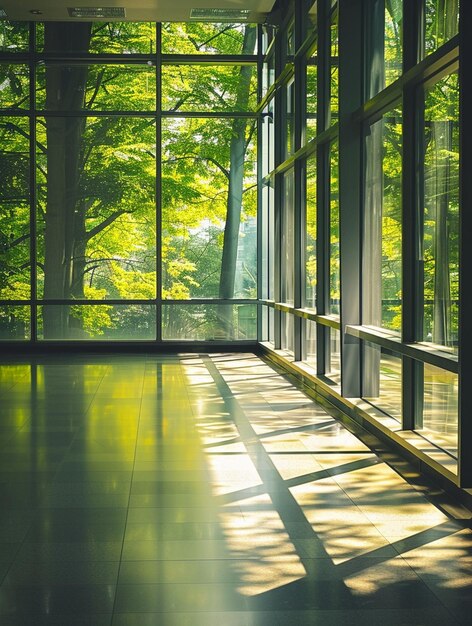 Modern Glass Building With Sunlit Forest View Premium Ai Generated Image