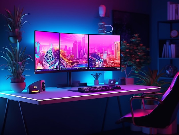 Premium AI Image | Modern Office Desk with Big Computer Screen AI Generated Premium AI Image | Modern Office Desk with Big Computer Screen AI Generated
