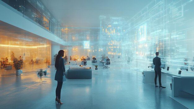 Modern office space with digital interfaces and collaborative ... Modern office space with digital interfaces and collaborative ...