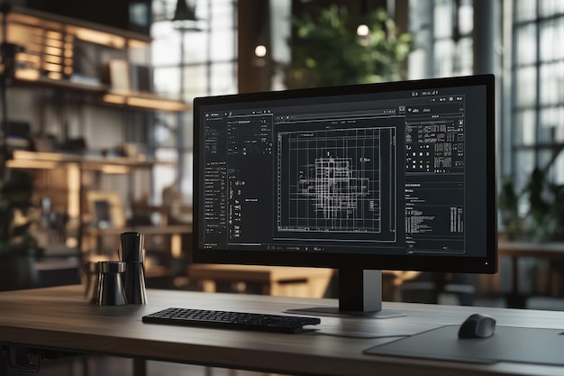 Modern Office Workspace with Computer Displaying Technical Drawings ... Modern Office Workspace with Computer Displaying Technical Drawings ...