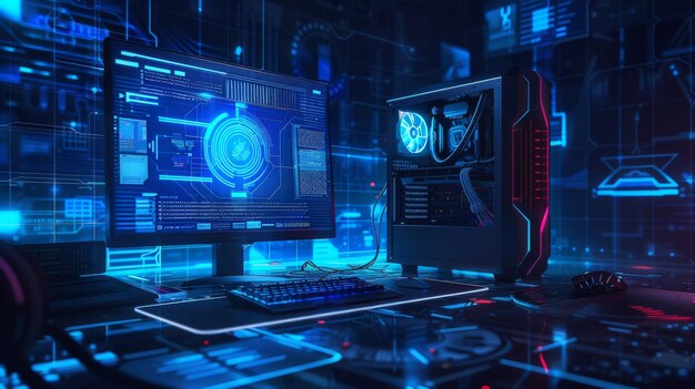 Premium Photo | A modern powerful desktop computer in dark Computer ...