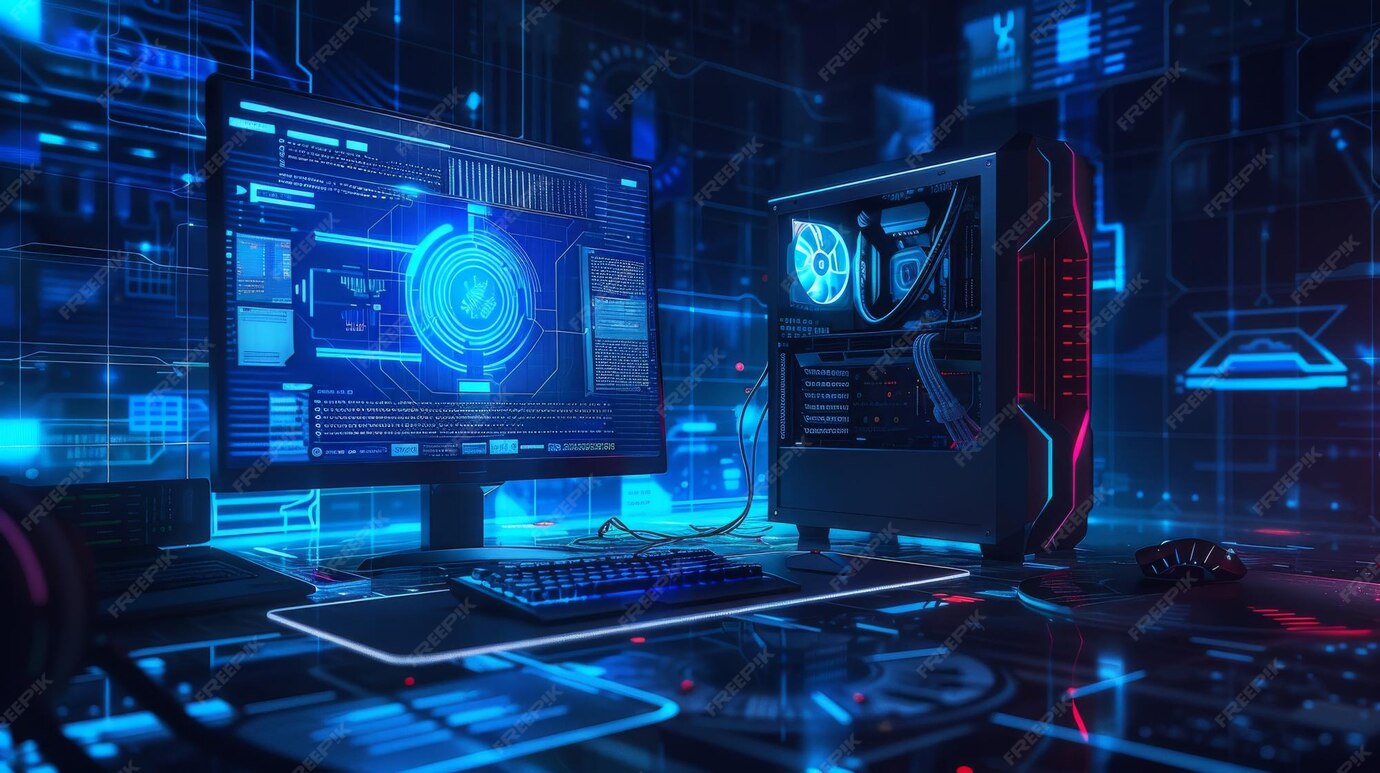 Premium Photo | A modern powerful desktop computer in dark Computer case with empty monitor ...