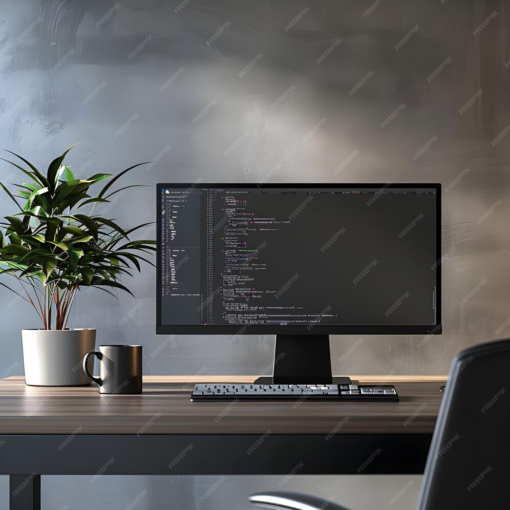 Modern Workspace with Desktop Computer and Code Display Ideal for Programmers and Software ...