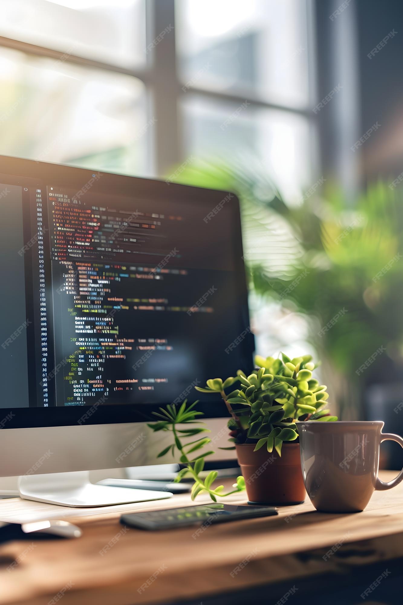 Modern Workspace with Desktop Computer and Code Display Ideal for Programmers and Software ...