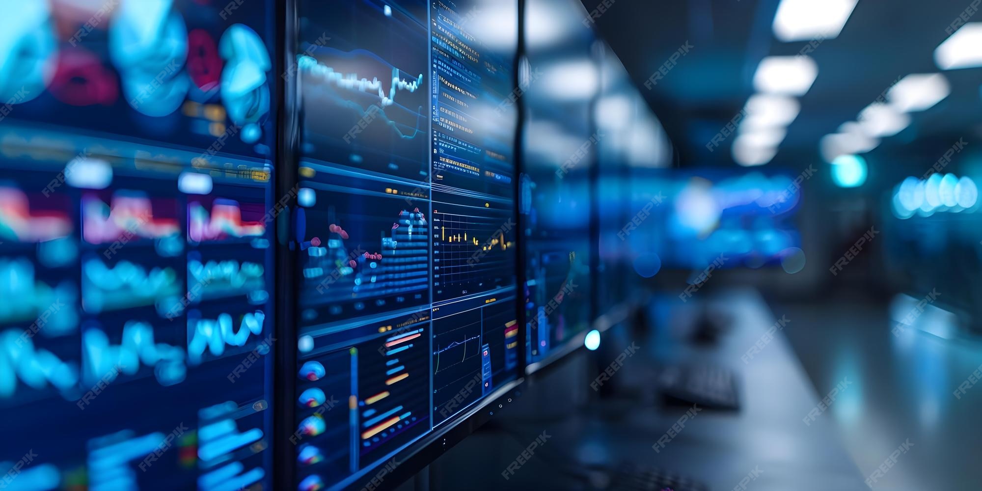 Monitoring Station With Multiple Computer Screens Displaying Various Graphs And Data Concept