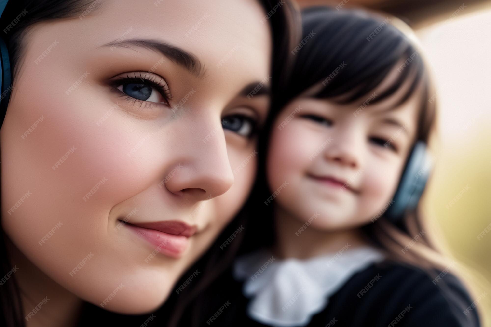 Premium Ai Image A Mother And Her Daughter Wearing Headphones