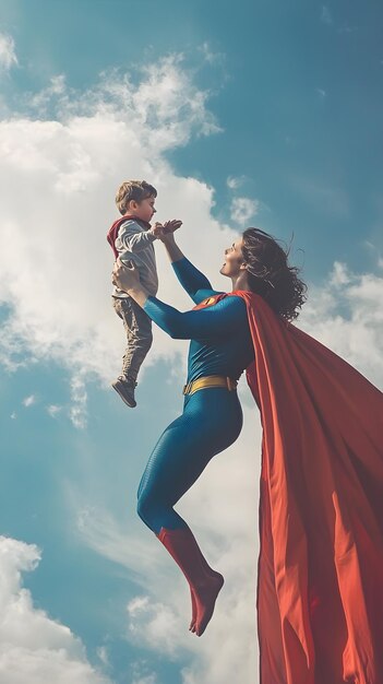 Mother And Son In Superhero Costumes Are Flying High In The Sky