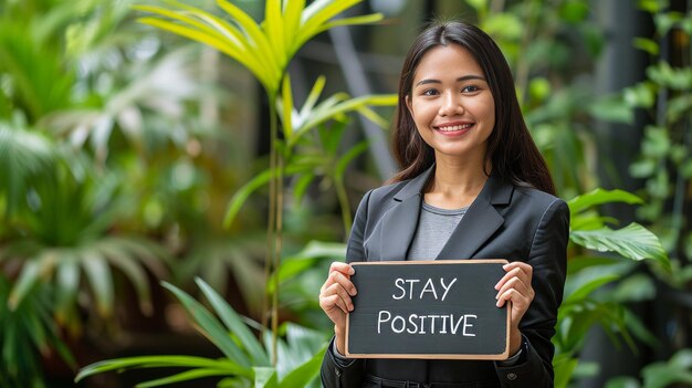 Premium Photo Motivational Success Concept Woman Holding Sign Stay