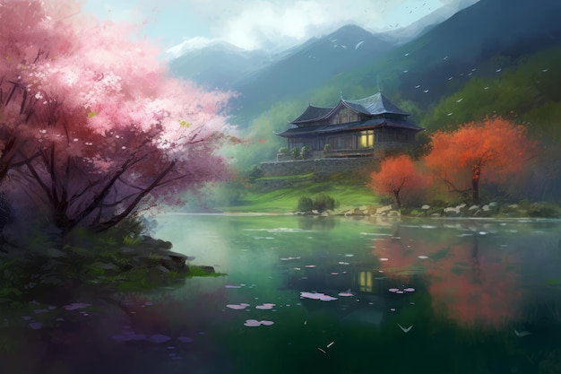Premium AI Image | Mountain lake scenery Generate Ai Premium AI Image | Mountain lake scenery Generate Ai
