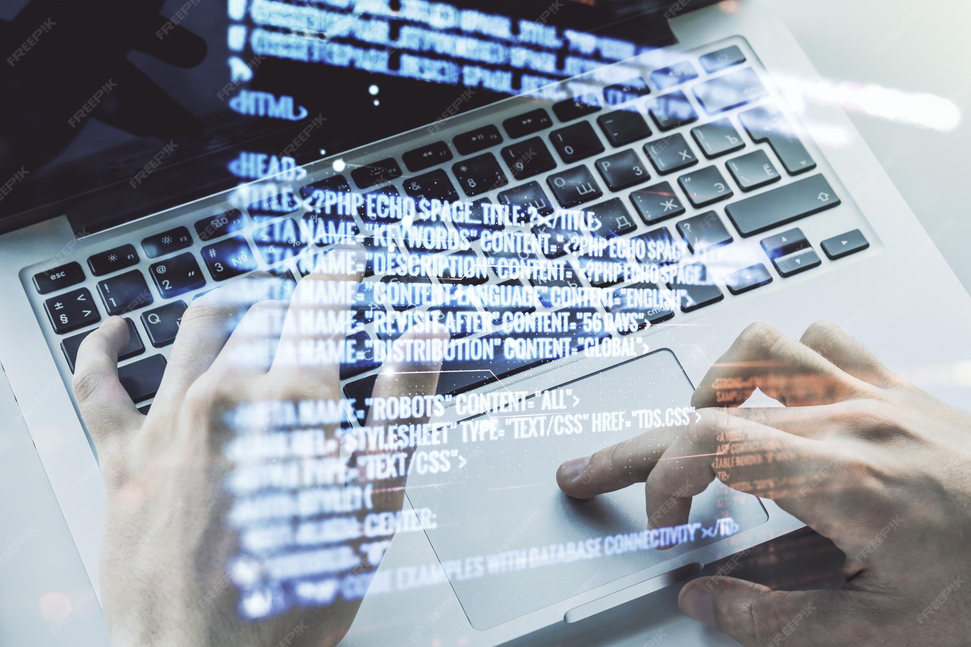 Premium Photo | Multi exposure of abstract creative coding sketch and hands typing on computer ...