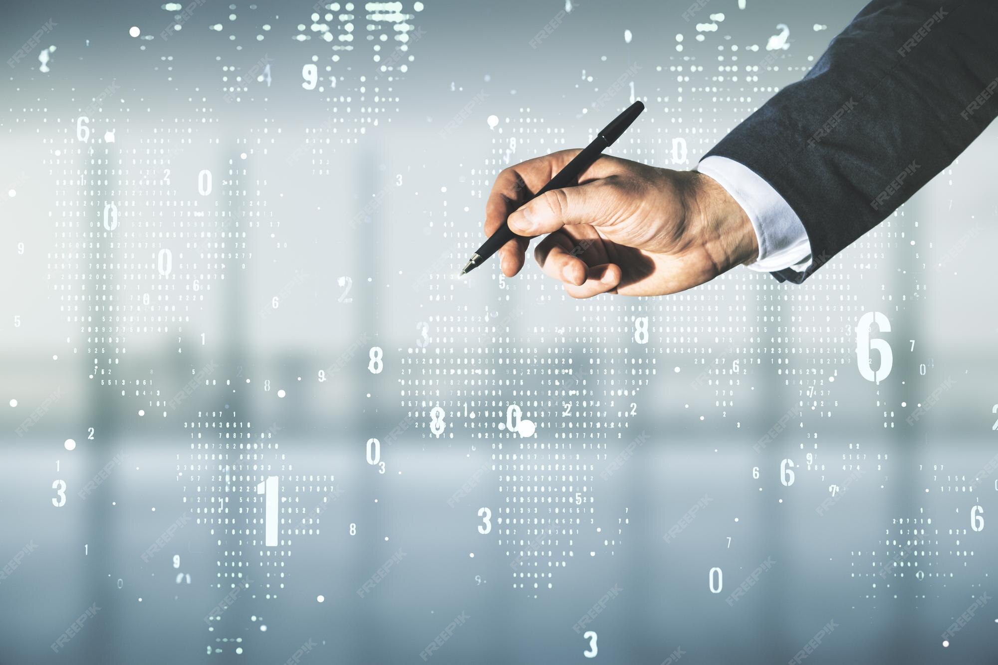 Premium Photo | Multi exposure of developer's hand with pen working with abstract programming ...