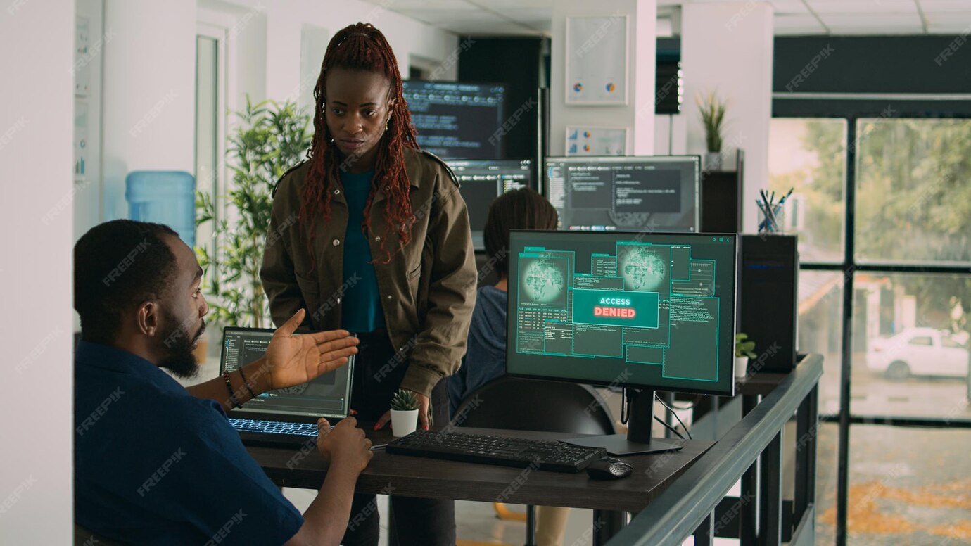 Premium Photo | Multiethnic group of program coders dealing with hacked ...