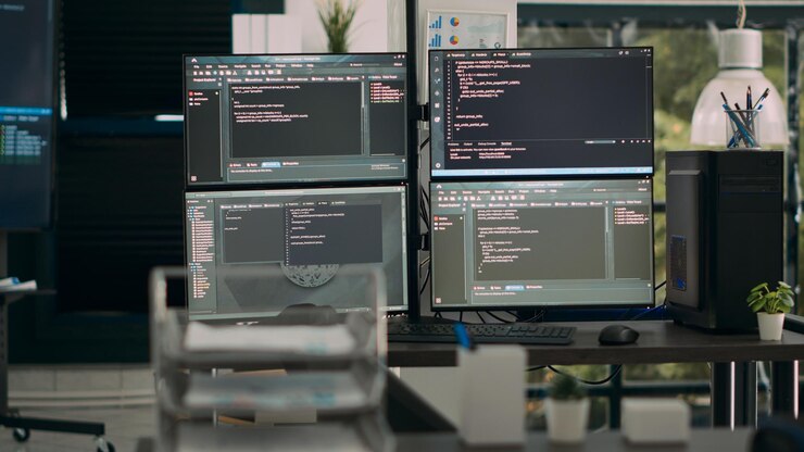 Premium Photo | Multiple screens showing programming code in empty ...
