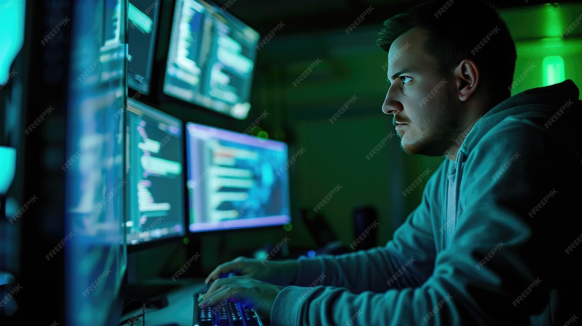 Premium Photo | A multiscreen computer programmer focused on coding and development tasks ...