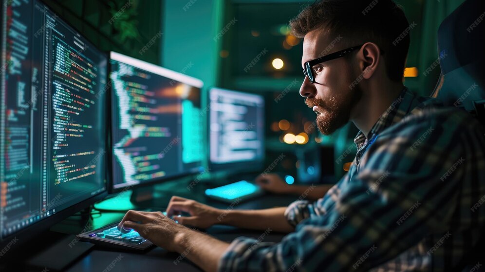 Premium Photo | A multiscreen computer programmer focused on coding and ...