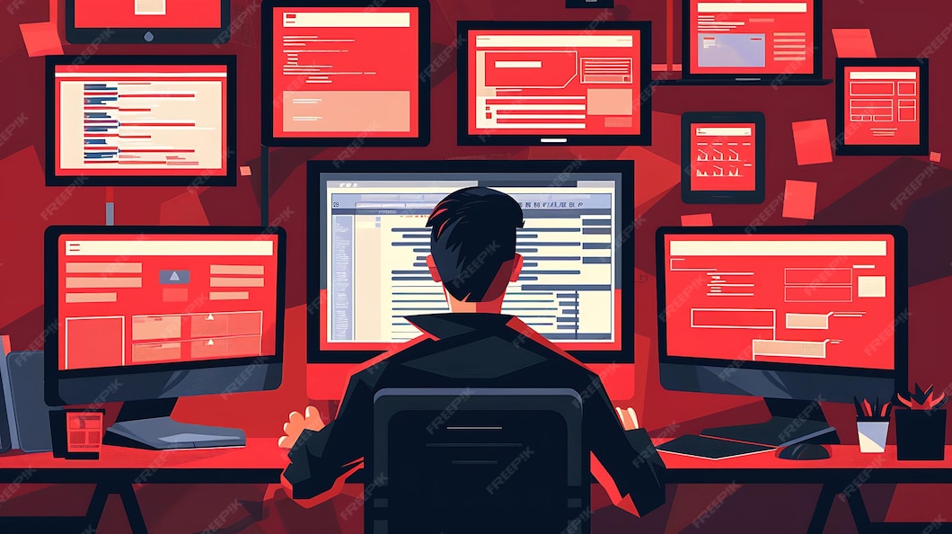 Multitasking developer working on multiple projects and coding on ...