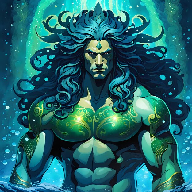 Muscular Sea God with Long Curly Hair in Dark Background Sparkles ... Muscular Sea God with Long Curly Hair in Dark Background Sparkles ...