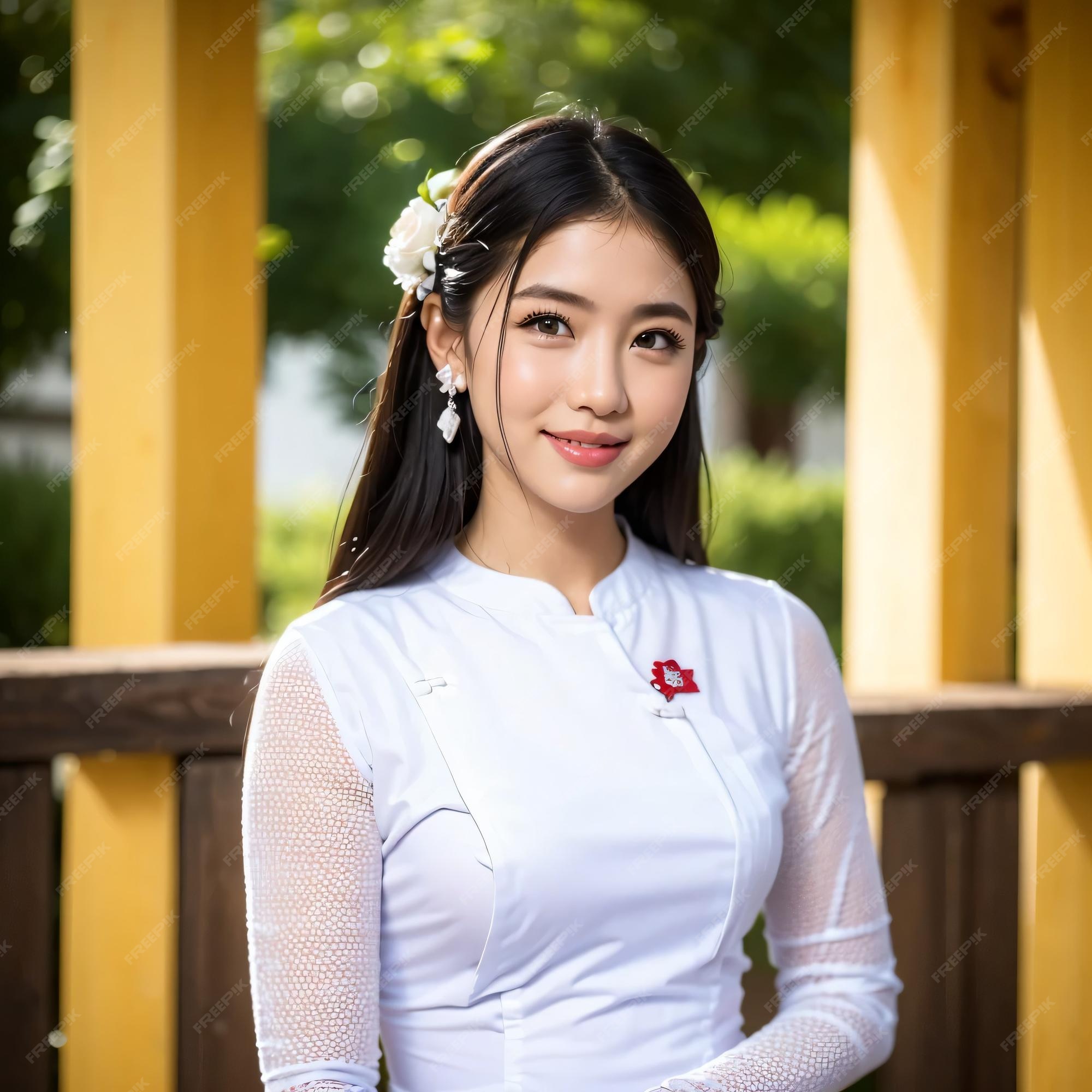 Premium Photo Myanmar Girl With Myanmar School Traditional Dress With School Background