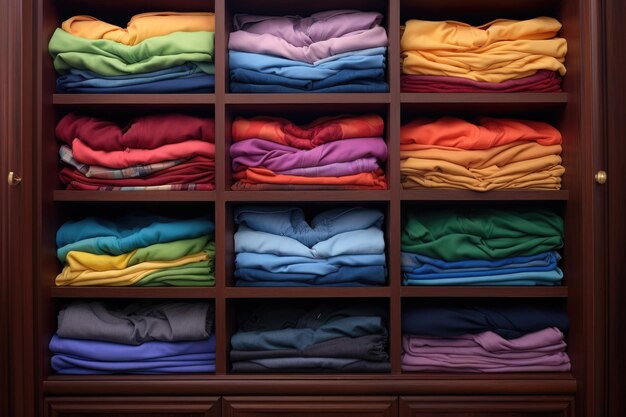 Premium AI Image | Neatly folded colorful shirts in a closet Premium AI Image | Neatly folded colorful shirts in a closet