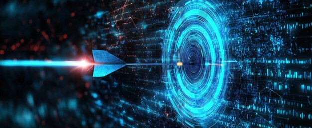 Neon blue digital dart arrow and target on dark cyberspace background ... Neon blue digital dart arrow and target on dark cyberspace background ...
