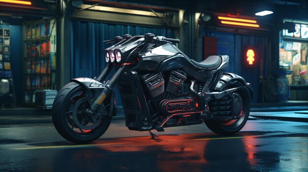 Premium Photo A Neon Cyberpunk Motorcycle Outside A Seedy Bar On A Dimly Lit Street 3d