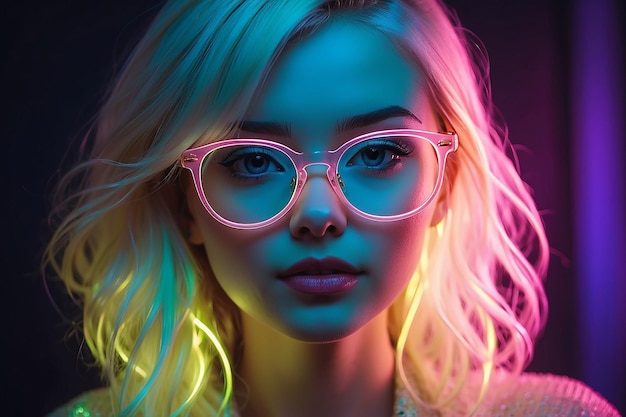 Premium Photo Neon Portrait Blonde Girl With Glasses Looking To Light