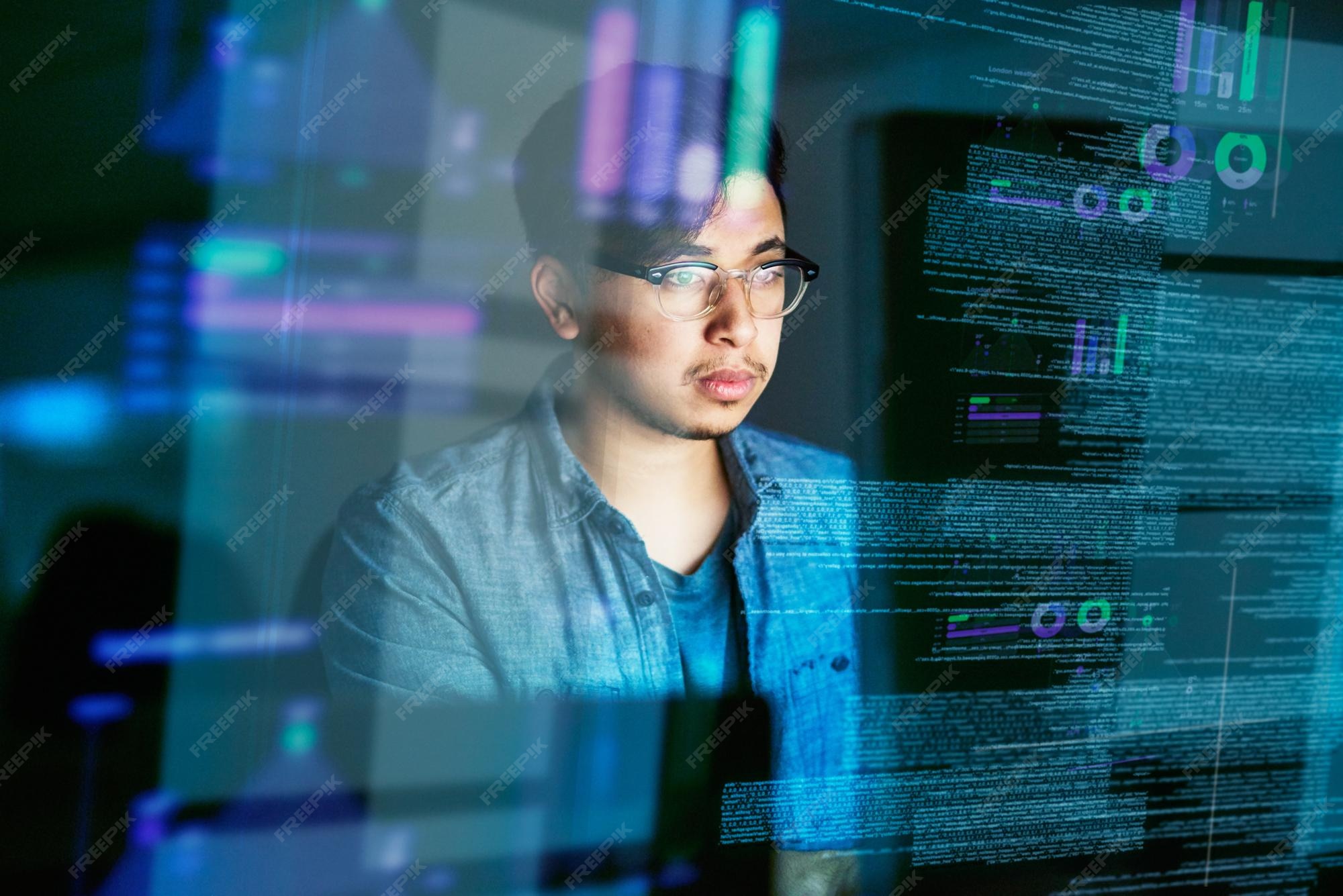 Premium Photo | Night code and hologram with man in office for ...