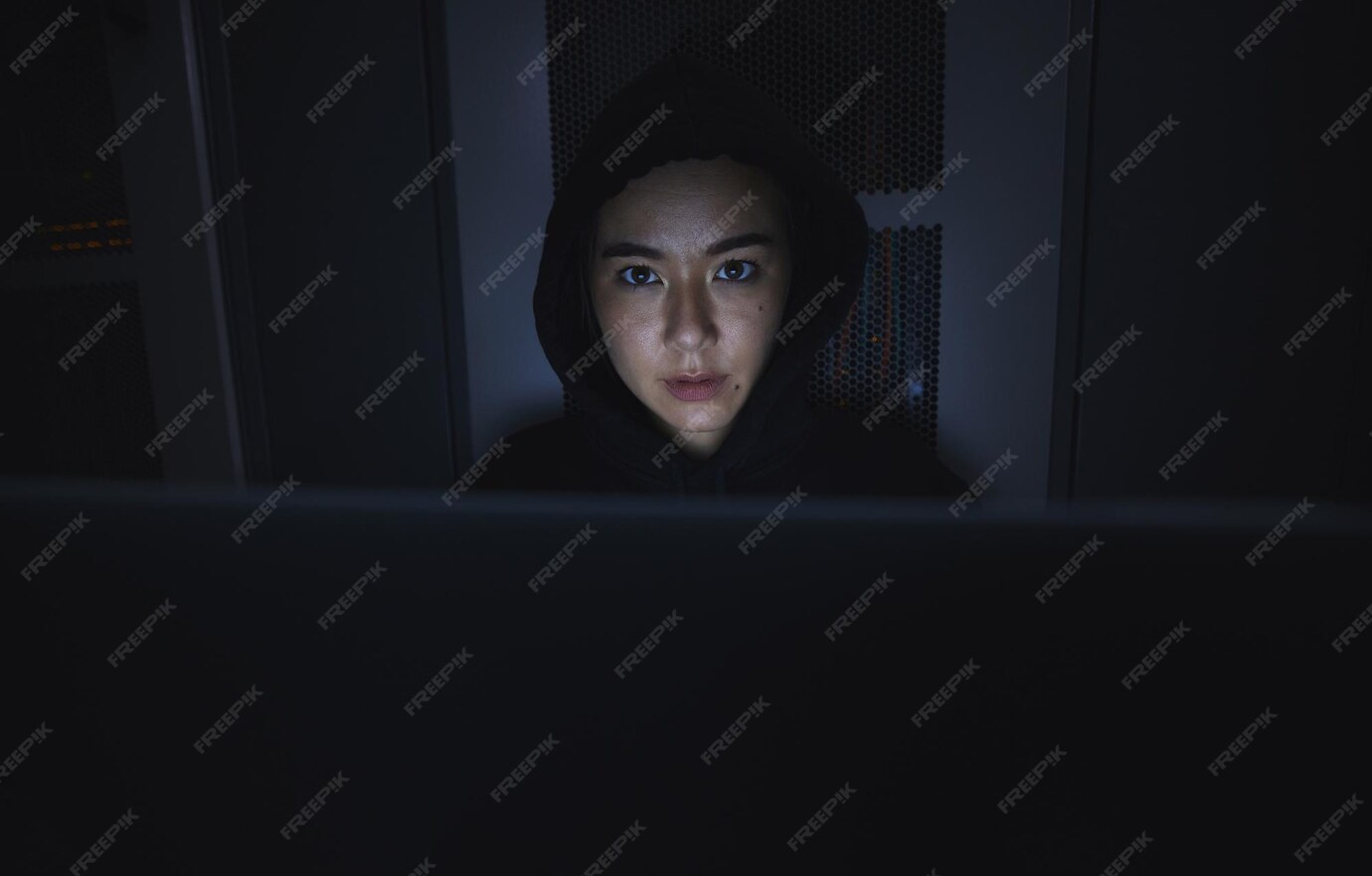 Premium Photo | Night hacker and cyber security with woman and laptop ...