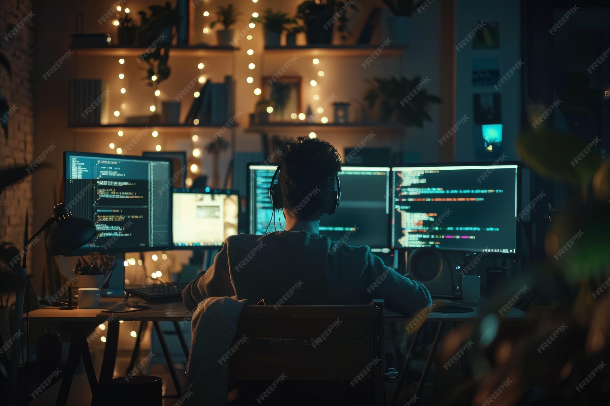 Nighttime Coding Session Developer Working on Multiple Screens with Code in Dark Room Perfect ...