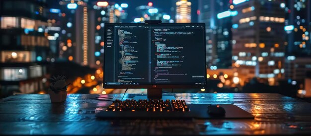 Nighttime Coding View with City Lights | Premium AI-generated image Nighttime Coding View with City Lights | Premium AI-generated image