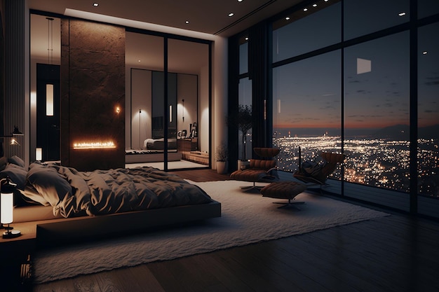Premium AI Image | Nighttime Luxury Penthouse Bedroom AI Premium AI Image | Nighttime Luxury Penthouse Bedroom AI