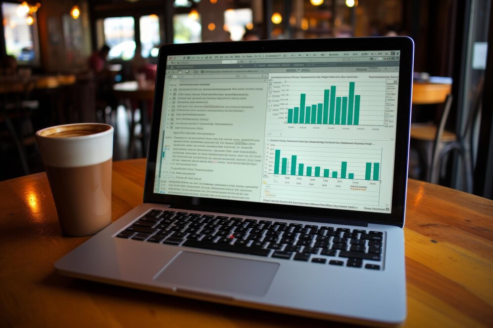 Premium AI Image | Notebook Visualizing Statistics at Cafe Premium AI Image | Notebook Visualizing Statistics at Cafe