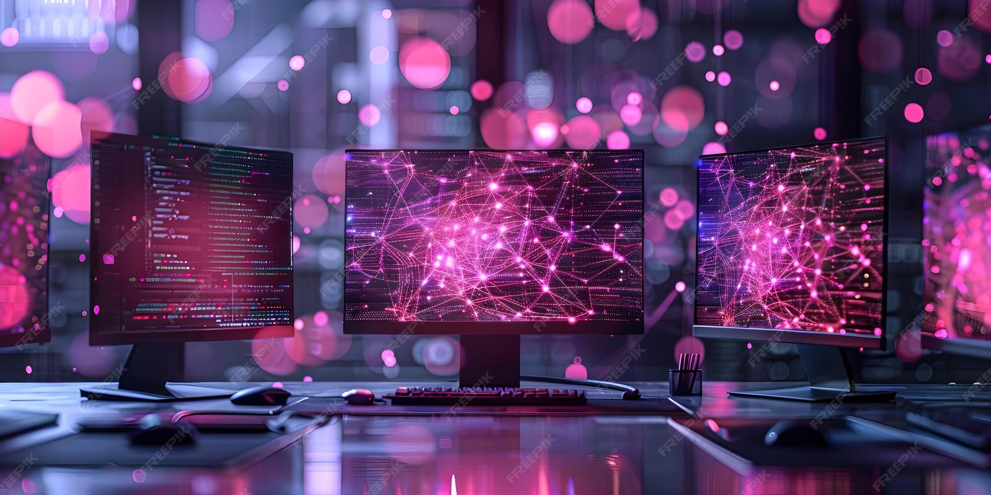 Office desk with computers programming code AI neural networks and digital art Concept AI ...