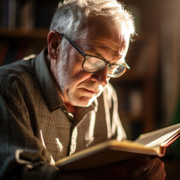 Premium Photo An Older Man Wearing Glasses Reading A Book Ai