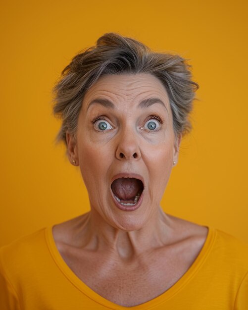 Premium Photo An Older Woman With Her Mouth Open On An Orange Background