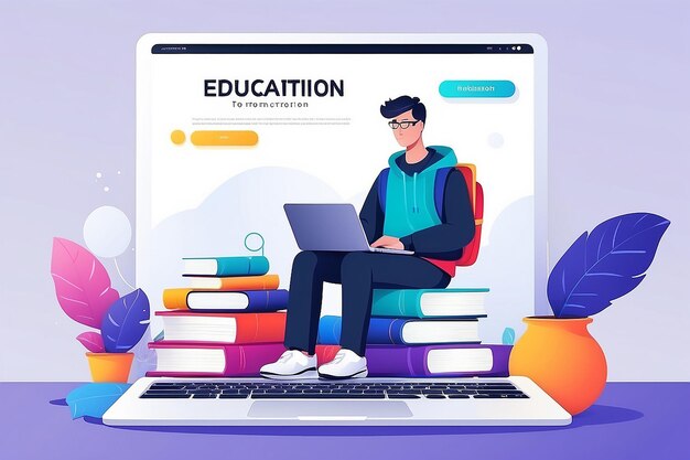 Premium Photo | Online education platform concept man sit on stack of ... Premium Photo | Online education platform concept man sit on stack of ...
