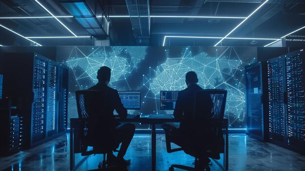 An online video of two professional IT programmers discussing blockchain data network ...