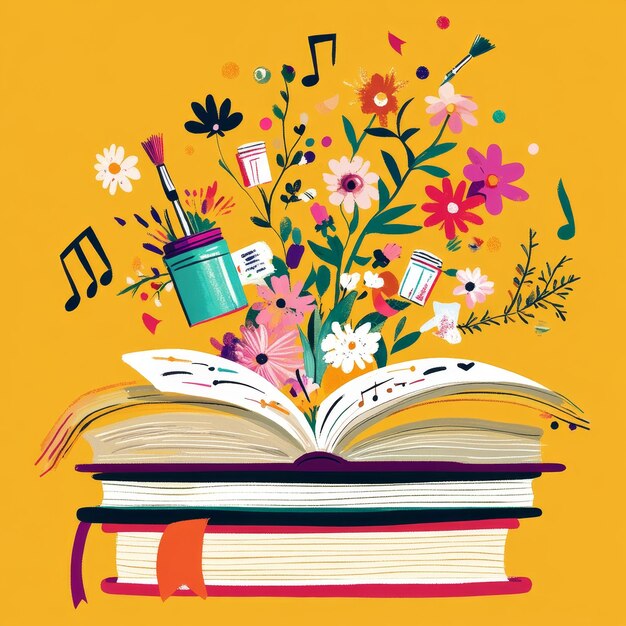 Open Book With Colorful Objects Yellow Background Premium Ai Generated Image
