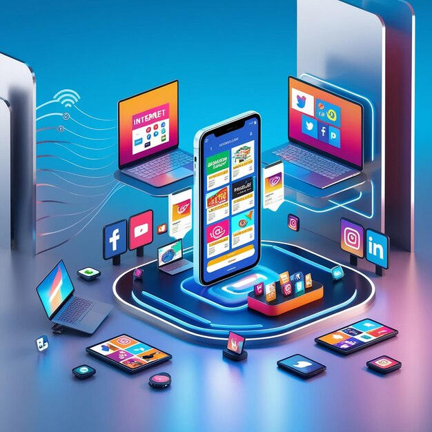 Opened laptop with application icons communication and interaction ...