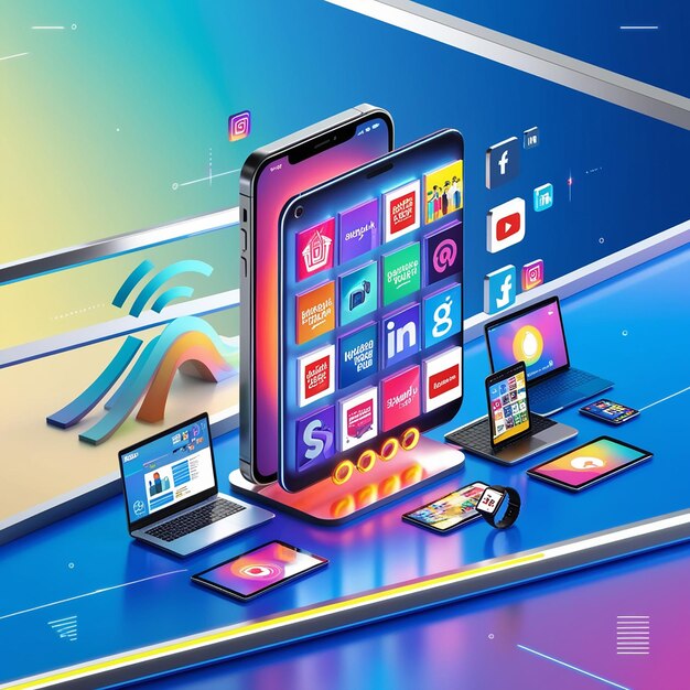 Opened laptop with application icons communication and interaction ...