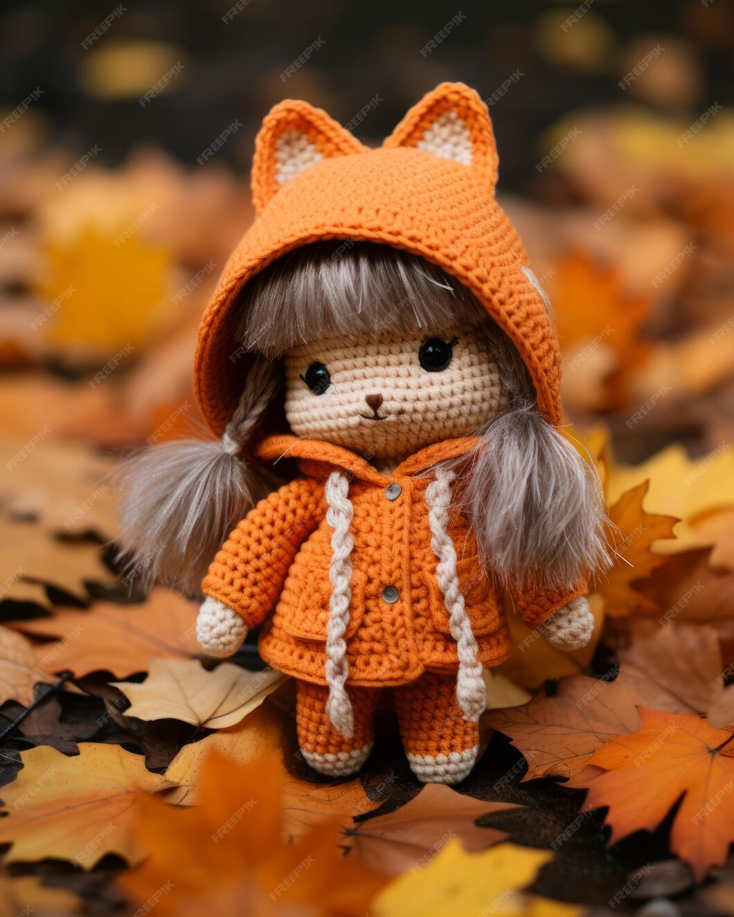 Premium Ai Image An Orange Crocheted Doll Wearing A Fox Costume