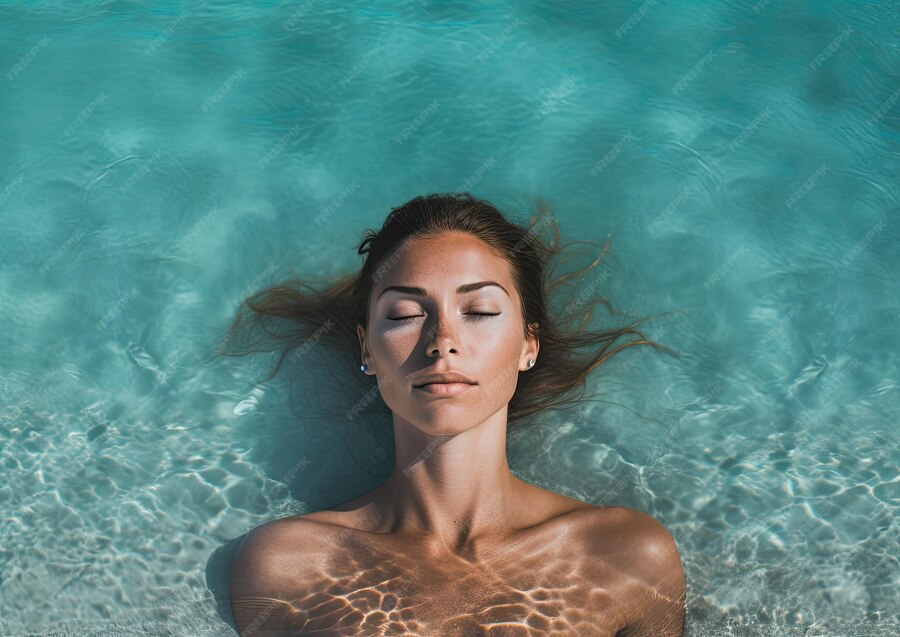 Premium Photo An Overhead Shot Of A Freckled Girl Lying On A Sandy Beach With Crystal Clear