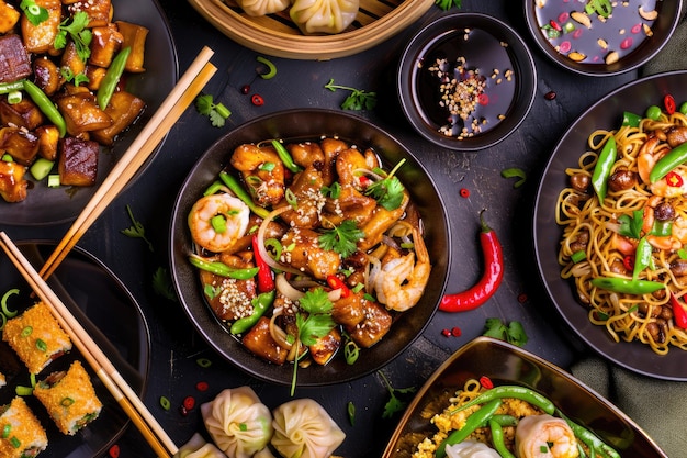 Overhead View of Tasty Chinese Food on Black Surface Premium AI generated image