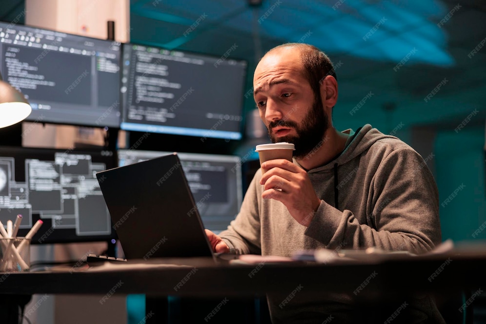 Premium Photo Overworked Coder Drinking Coffee Cup And Programming