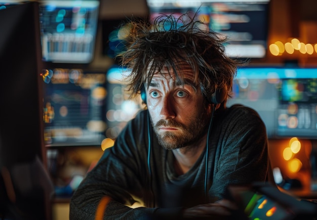 An overworked software developer with messy hair and tired eyes staring ... An overworked software developer with messy hair and tired eyes staring ...