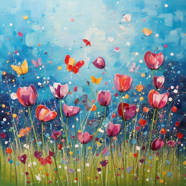 Premium Photo | Painting of a field of flowers with butterflies and ... Premium Photo | Painting of a field of flowers with butterflies and ...