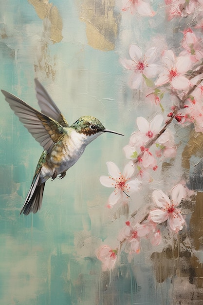 Premium AI Image | painting of a hummingbird flying over a flowered ... Premium AI Image | painting of a hummingbird flying over a flowered ...