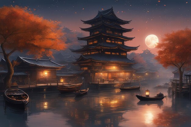 Premium AI Image | a painting of a night scene with boats in the water Premium AI Image | a painting of a night scene with boats in the water