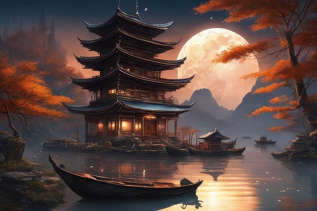 Premium AI Image | a painting of a night scene with boats in the water Premium AI Image | a painting of a night scene with boats in the water
